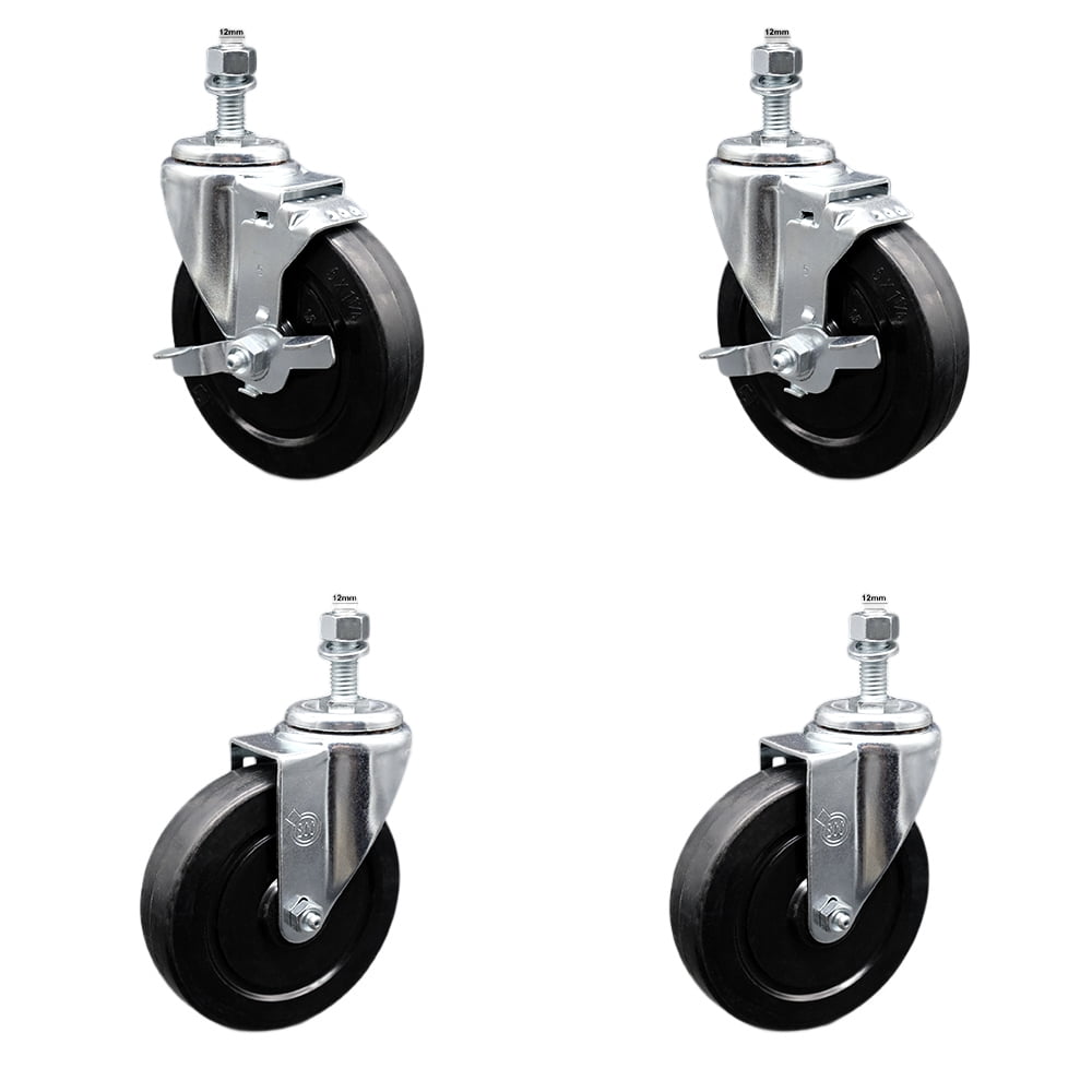 5 Inch SS Soft Rubber Wheel Swivel 12mm Threaded Stem Caster Set 2 ...