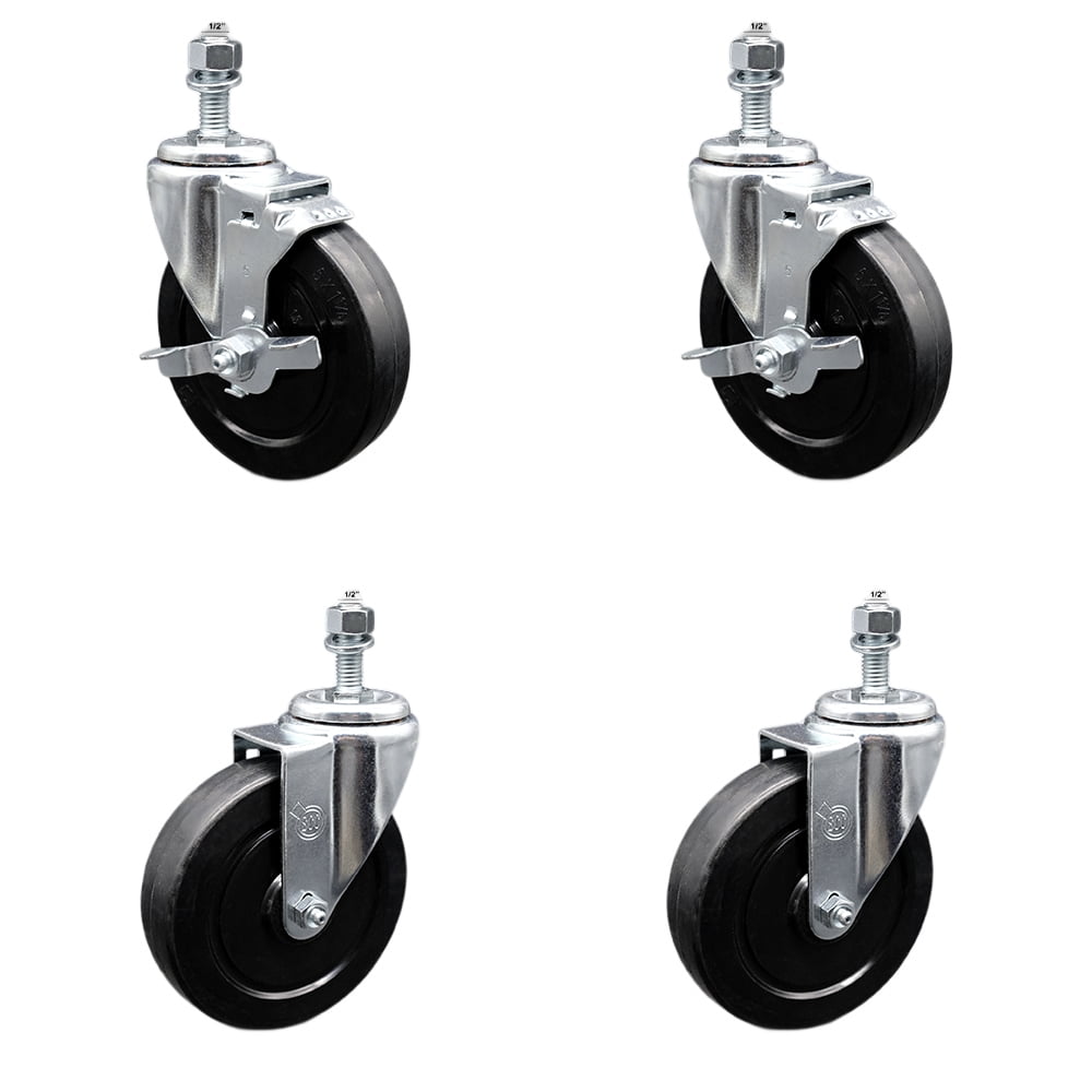 5 Inch SS Soft Rubber Wheel Swivel ½ Inch Threaded Stem Caster Set 2 ...