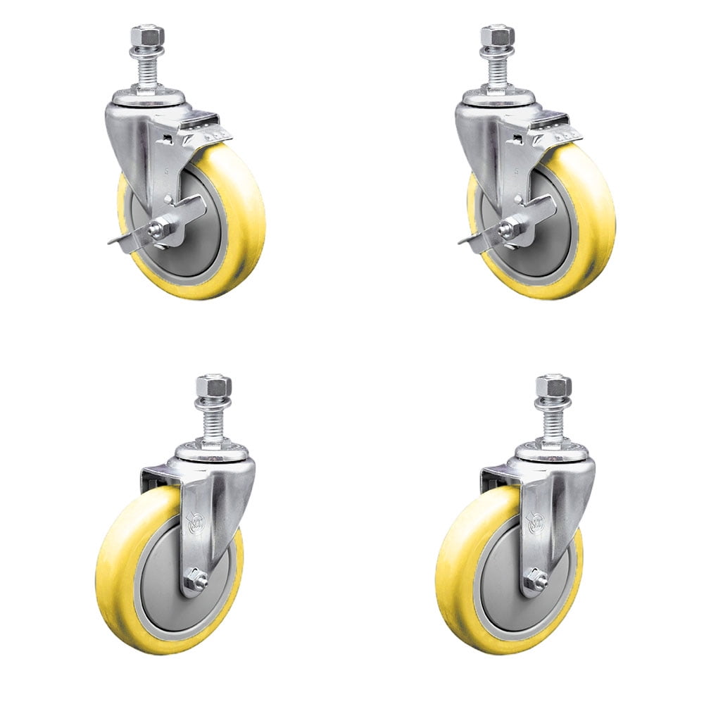 5 Inch SS Yellow Polyurethane Swivel ½ Inch Threaded Stem Caster Set 2 ...