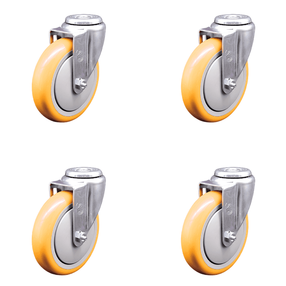 5 Inch SS Yellow Polyurethane Wheel Swivel Bolt Hole Caster Set Service ...