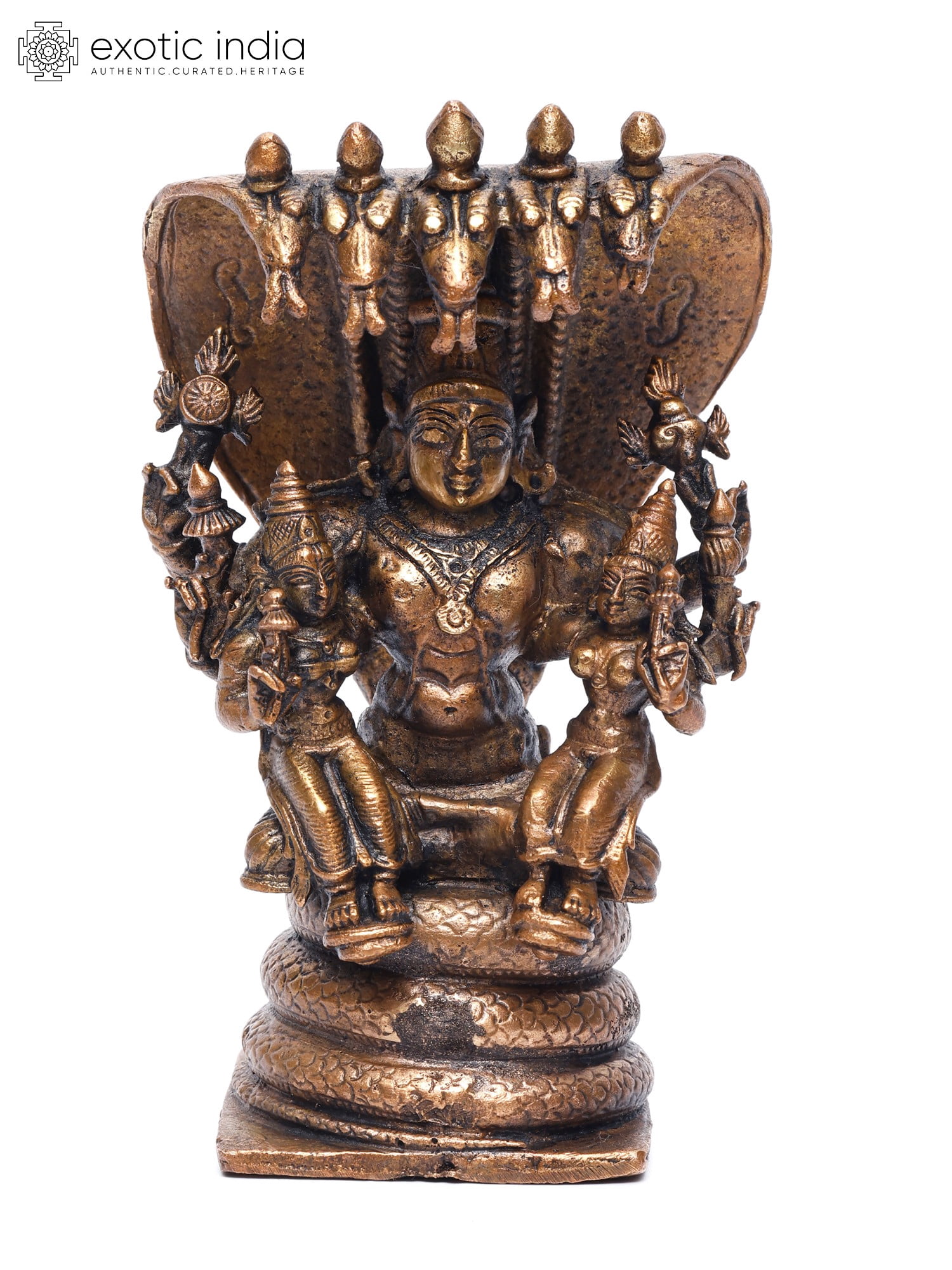 5 Inch Seated Vishnu on Sacred Serpent with Sridevi Bhudevi Copper ...