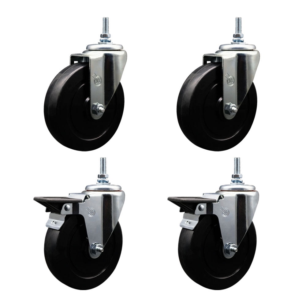 5 Inch Soft Rubber 3/8 Inch Threaded Stem Caster Set 2 Brakes SCC ...