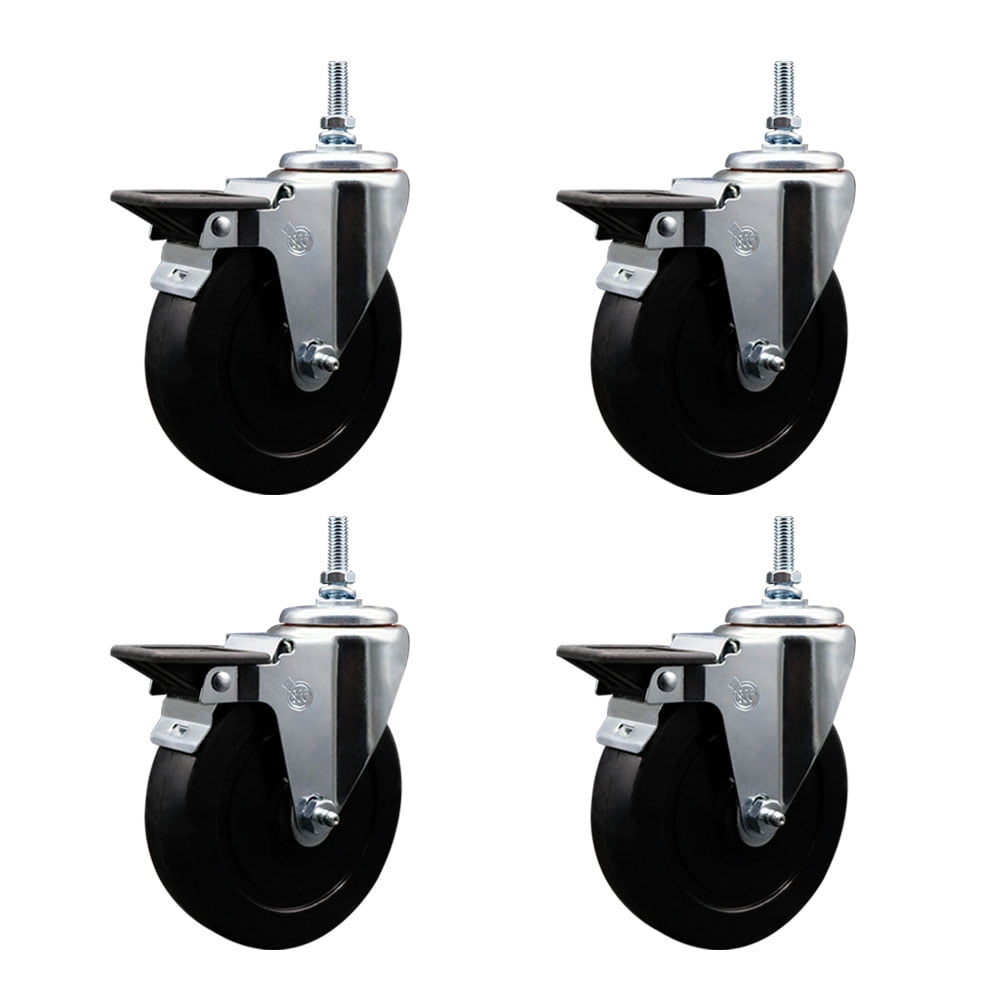 5 Inch Soft Rubber 3/8 Inch Threaded Stem Caster Set with Brake ...