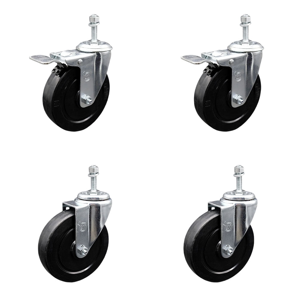 5 Inch Soft Rubber Wheel Swivel 3/8 Inch Stem Caster Set 2 Total Lock ...