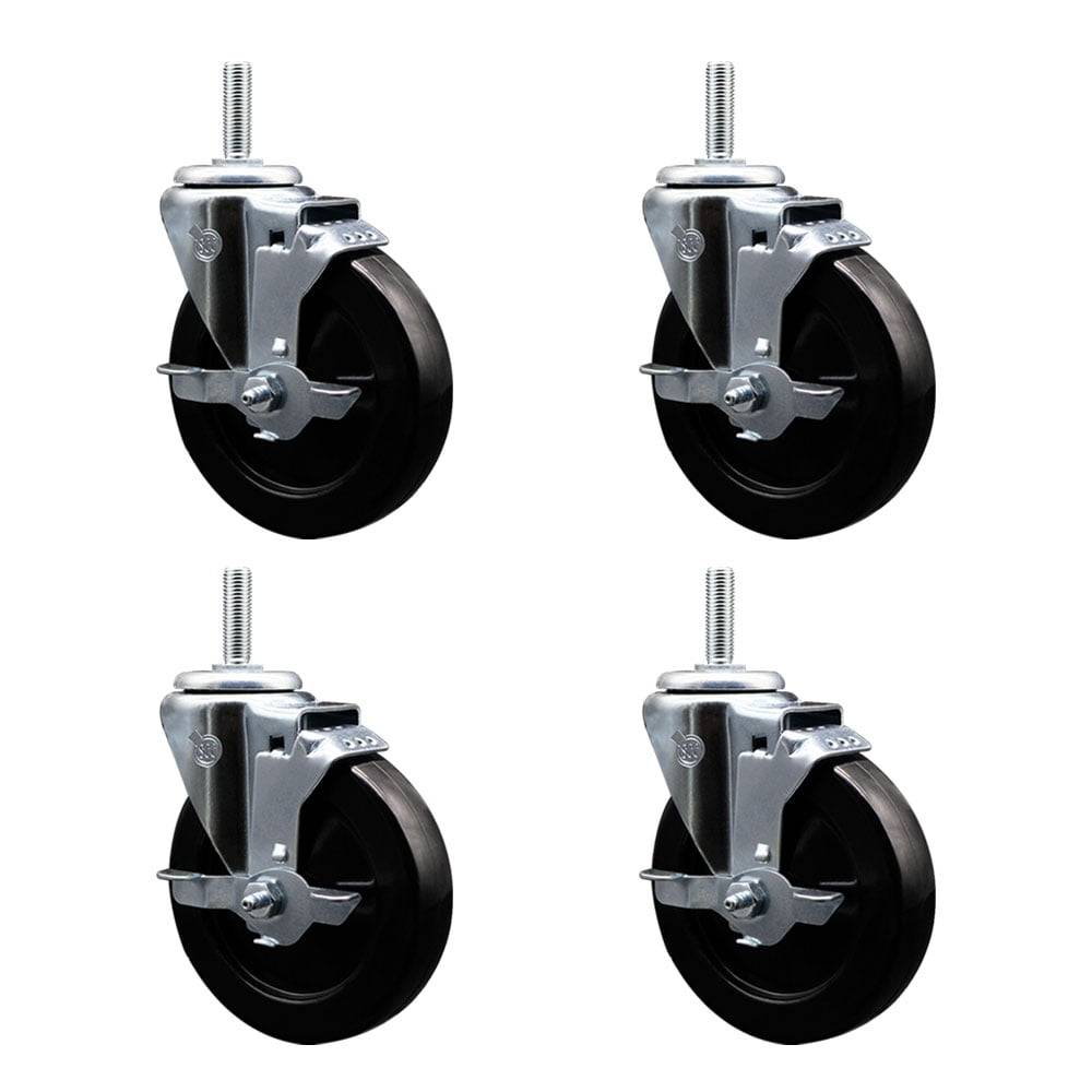 5 Inch Soft Rubber Wheel Swivel 5/8 Inch Threaded Stem Caster Set with ...