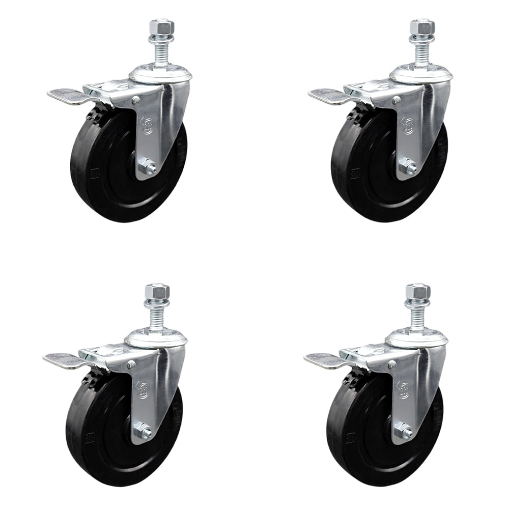 5 Inch Soft Rubber Wheel Swivel ½ Inch Stem Caster Set with Total Lock ...