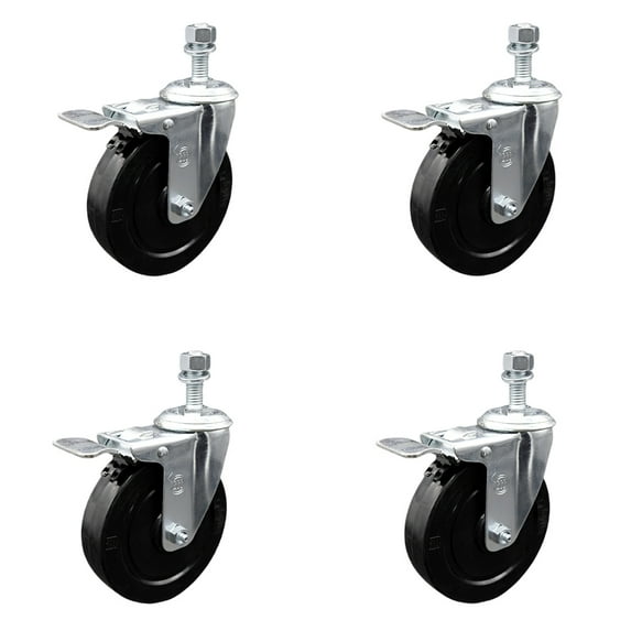 5 Inch Soft Rubber Wheel Swivel ½ Inch Stem Caster Set with Total Lock ...