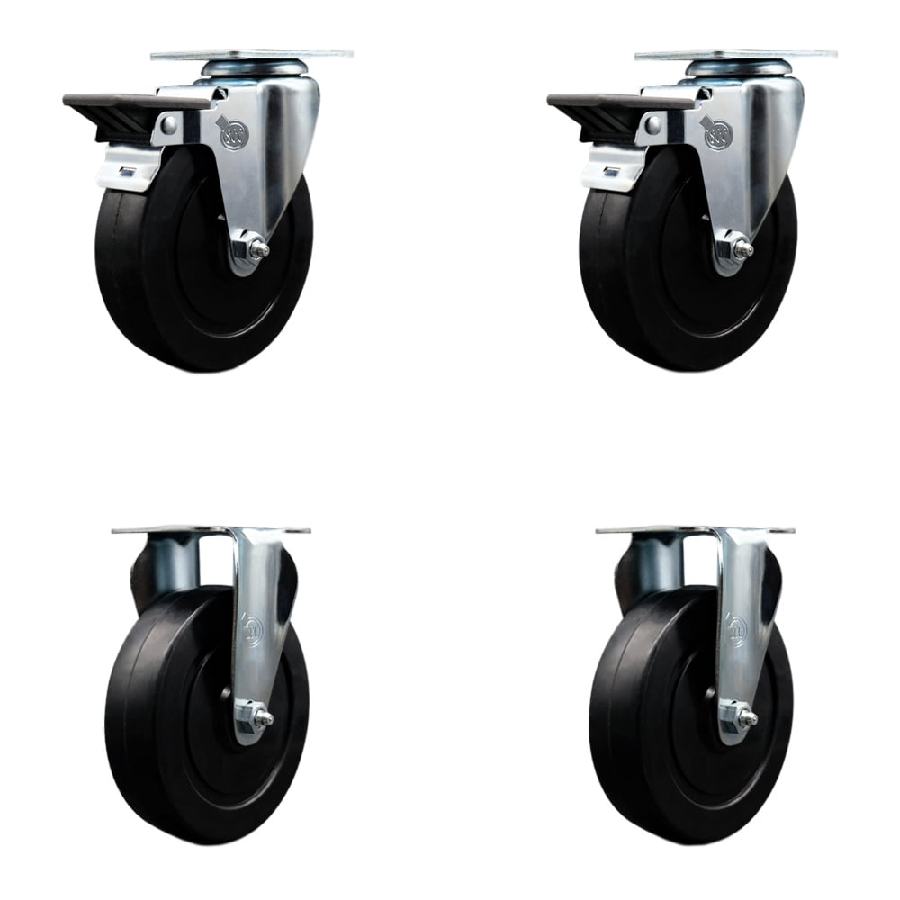 5 Inch Soft Rubber Wheel Swivel Top Plate Caster Set with 2 Posi Brakes ...