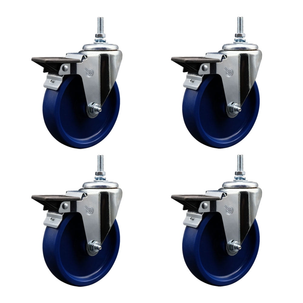 5 Inch Solid Polyurethane 3/8 Inch Threaded Stem Caster Set with Brake ...