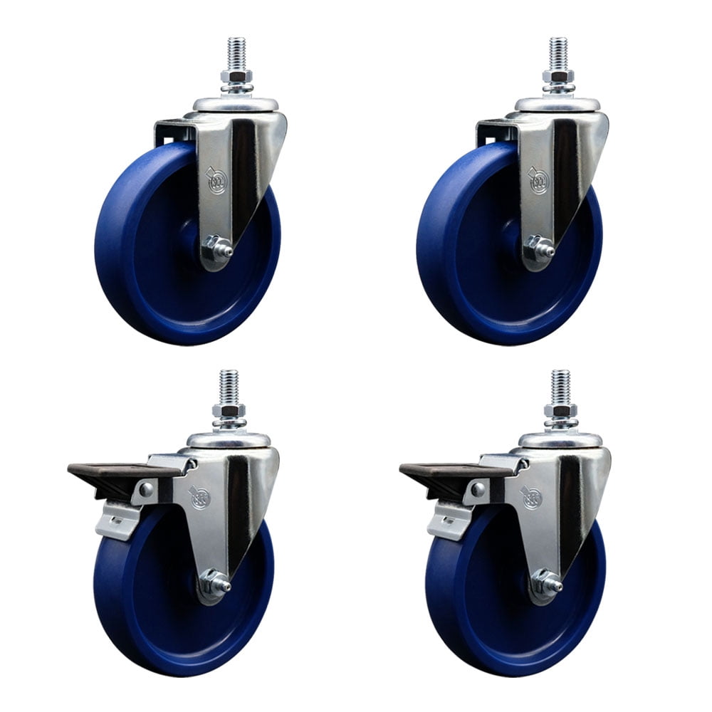 5 Inch Solid Polyurethane ½ Inch Threaded Stem Caster Set 2 Brakes SCC ...