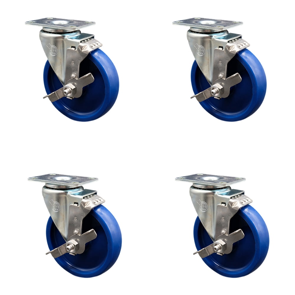 5 Inch Solid Polyurethane Wheel Swivel Top Plate Caster Set with Brake ...