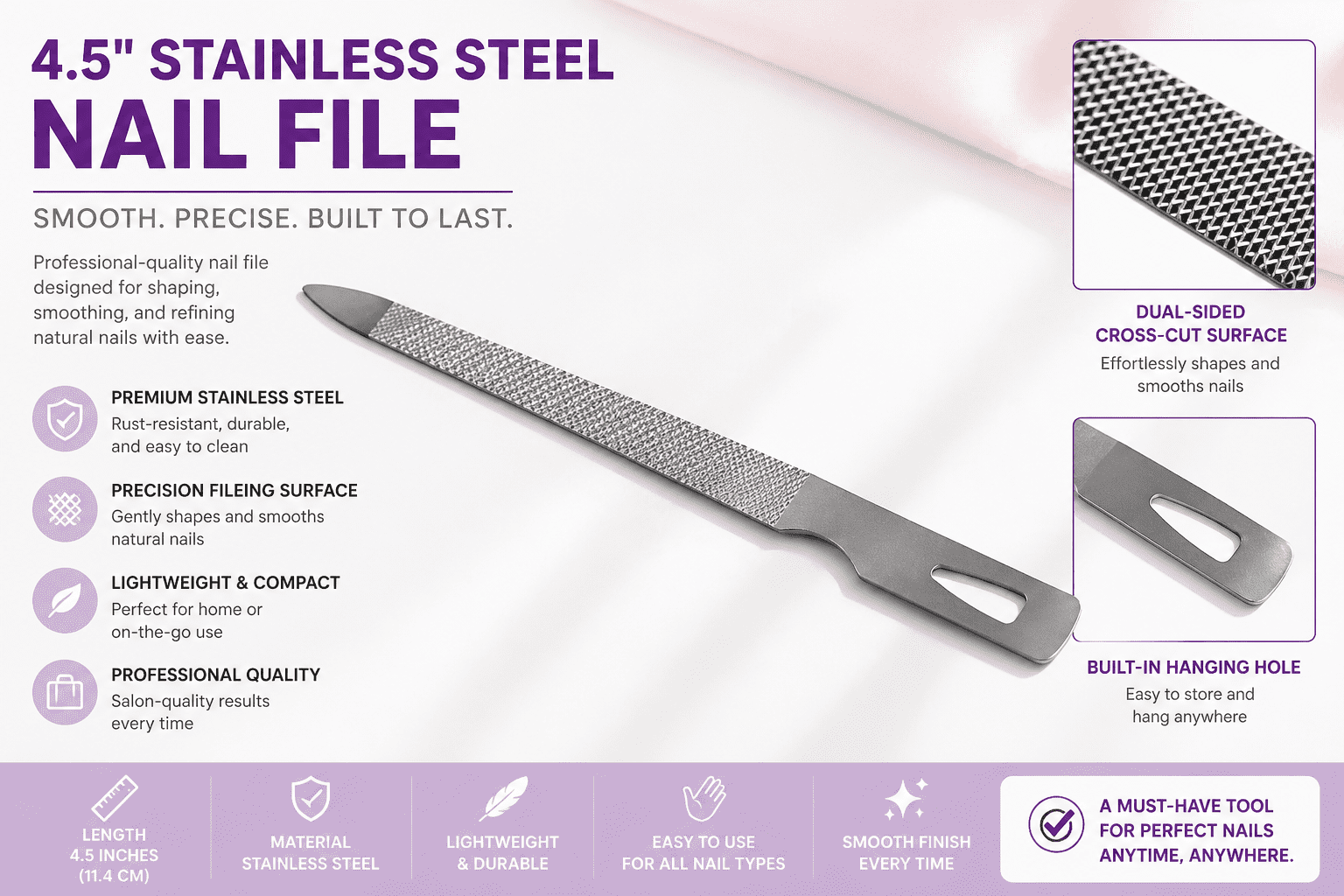 4.5 Inch Stainless Steel Triple Cut Nail File for Fingernails, Toenails ...