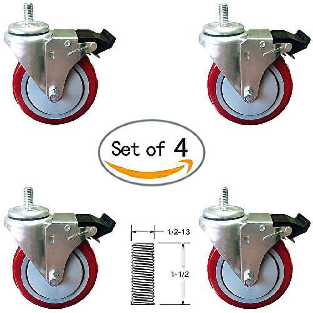 5 Inch Total Lock Caster - Red Polyurethane Wheel - 1/2"-13 x 1-1/2 ...