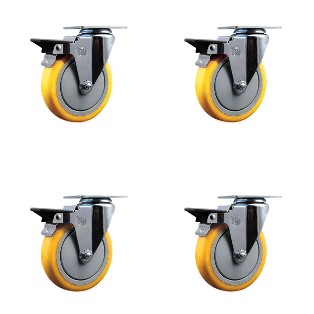 5 Inch Yellow Poly Wheel Swivel Top Plate Caster Set Posi Brake Service ...