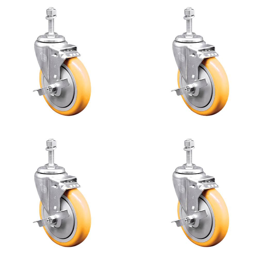 5 Inch Yellow Polyurethane Swivel 10mm Threaded Stem Caster Set with ...