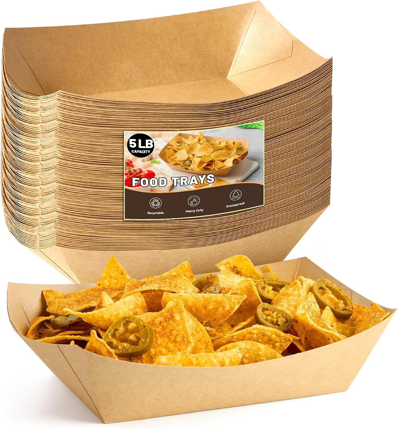 5 LB Extra Large Paper Food Trays, 50 Pack Disposable Nacho Trays Kraft ...