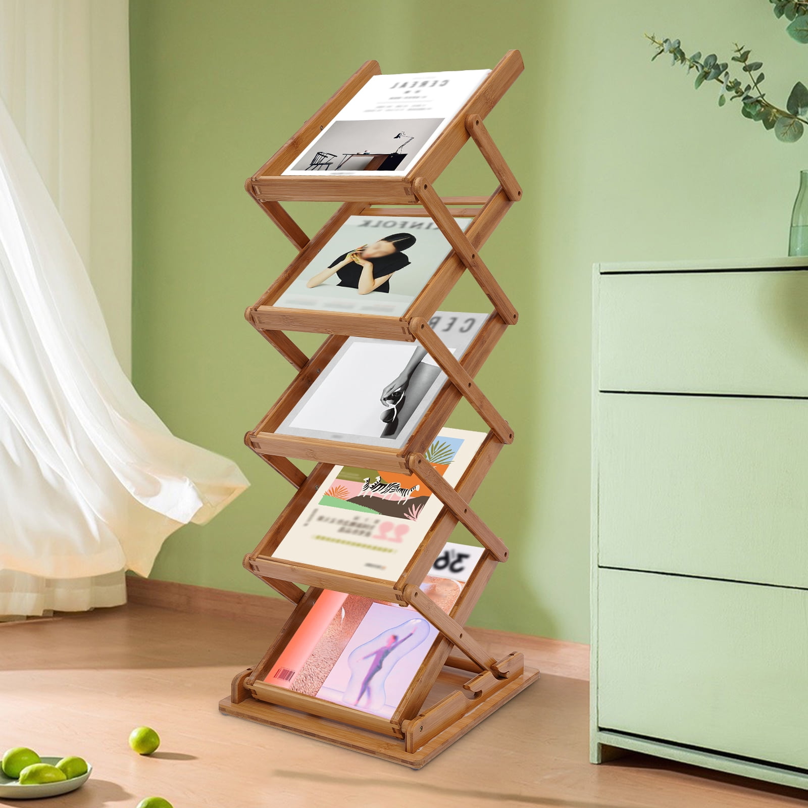 5-Layer Bamboo Foldable Magazine Rack Magazine File Shelf Pop-up Book ...