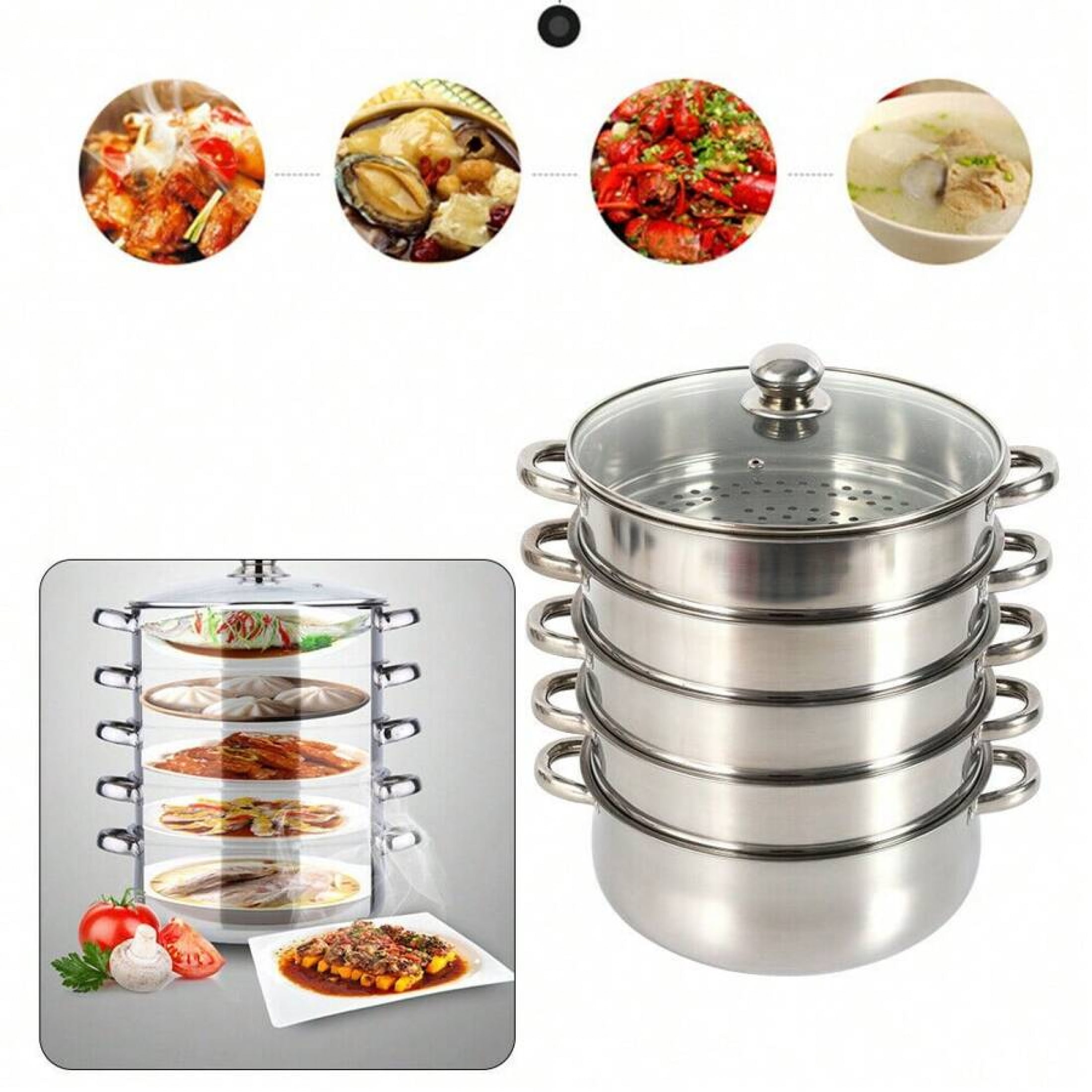 5-Layer Covered Food Steamer, Multi-Purpose Stainless Steel Steamer for ...