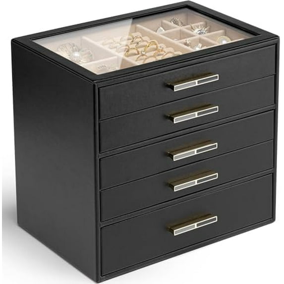 5 Layer Jewelry Box for Women, Glass Lid Jewelry Organizer with 5 ...
