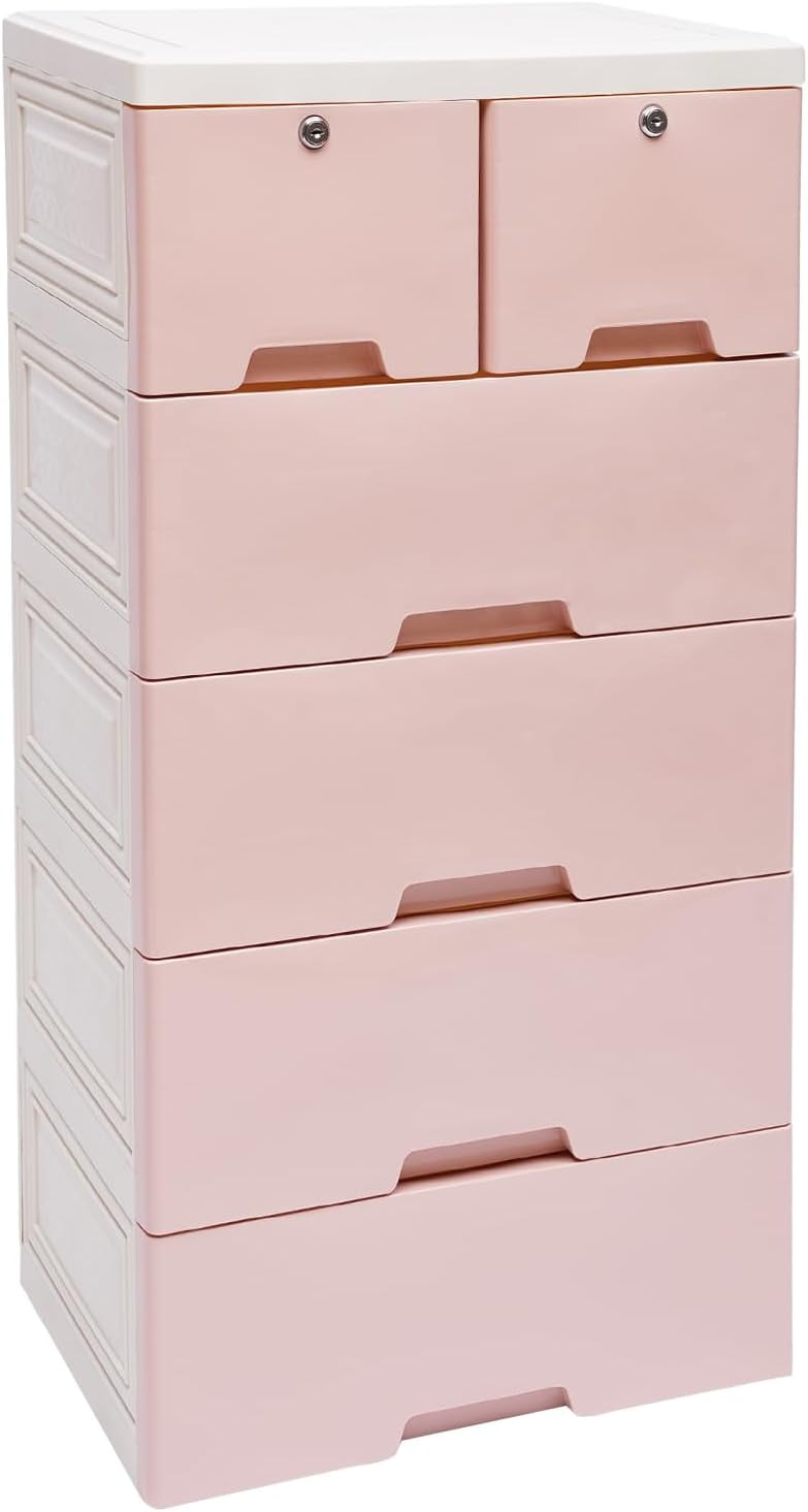 5 Layer Plastic Drawers Dresser, Pink Storage Cabinet with 6 Drawers ...