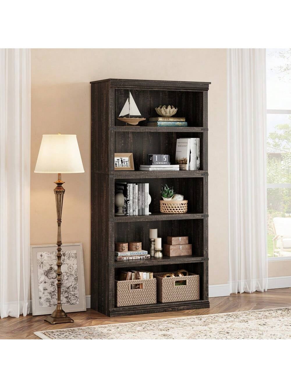 5-Layer Retro Style Bookcase, 62.87-Inch High Bookshelf, Open Storage ...