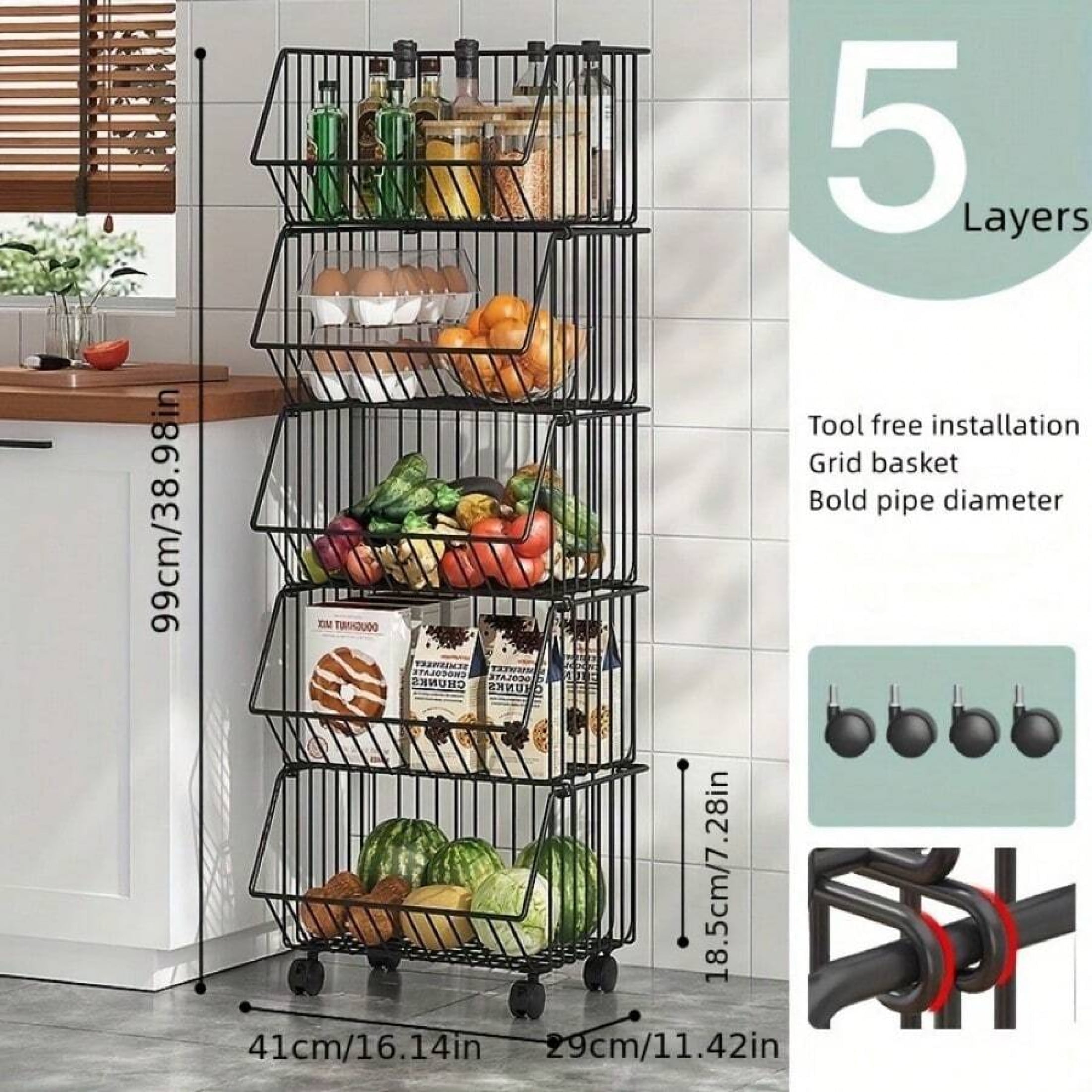 5 - Layer Rolling Metal Basket Storage Rack - Grid Design, Tool - free ...