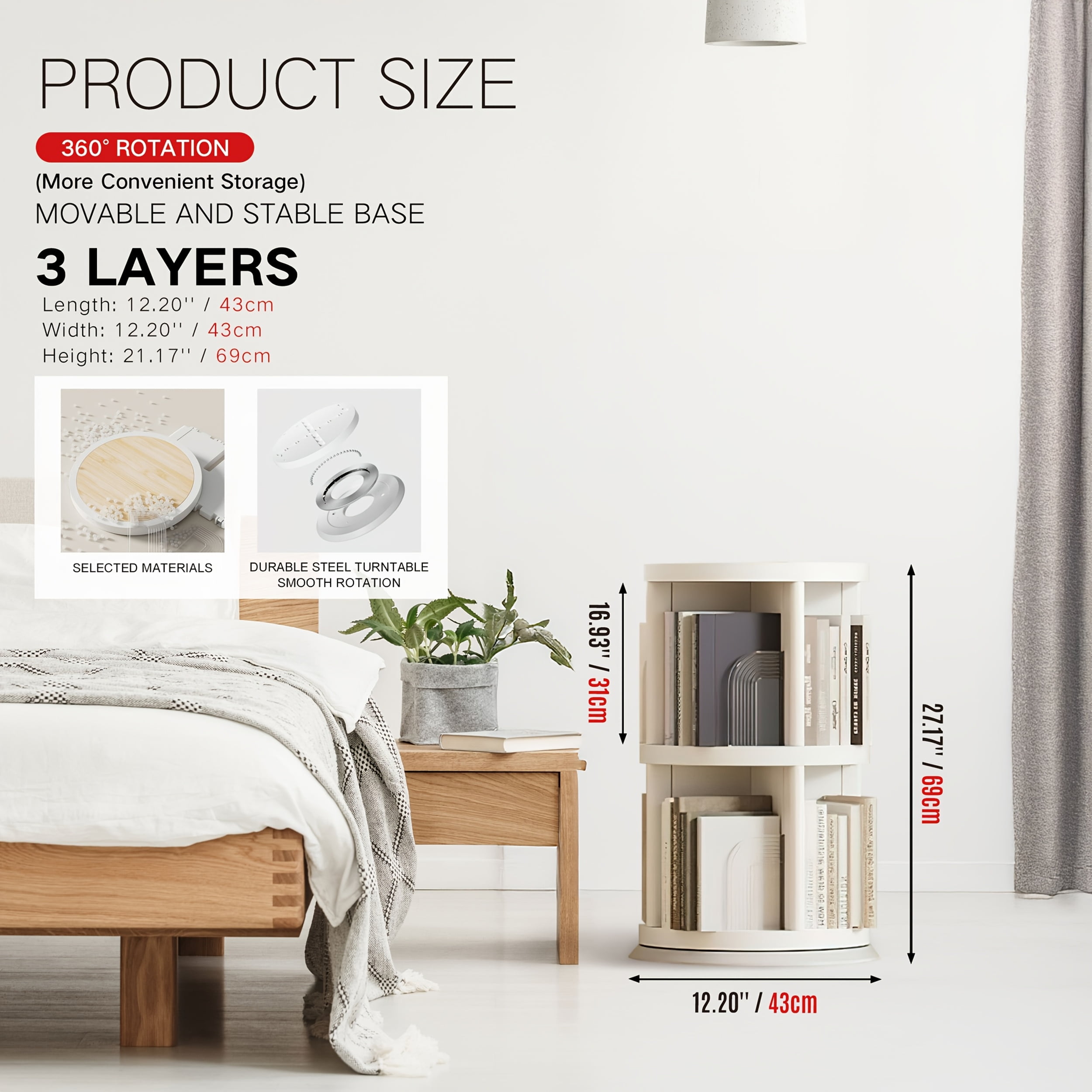 5-Layer Rotating Bookshelf, Movable & Stackable Wood/Plastic Bookcase ...