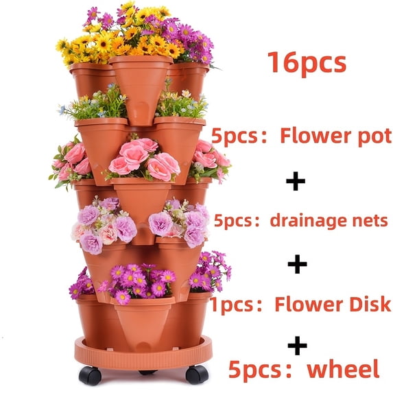 5-Layer Stackable Flower Pots with Wheels & Tools - Durable PPP Plastic ...