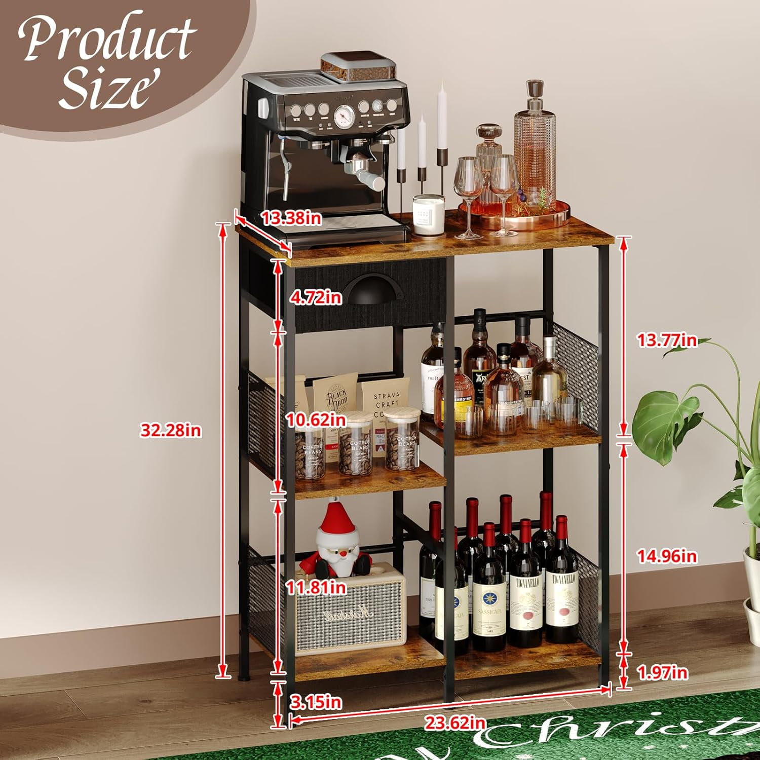 5-Layer Staggered Coffee with Drawer, Rustic Wood Bakers Rack for ...