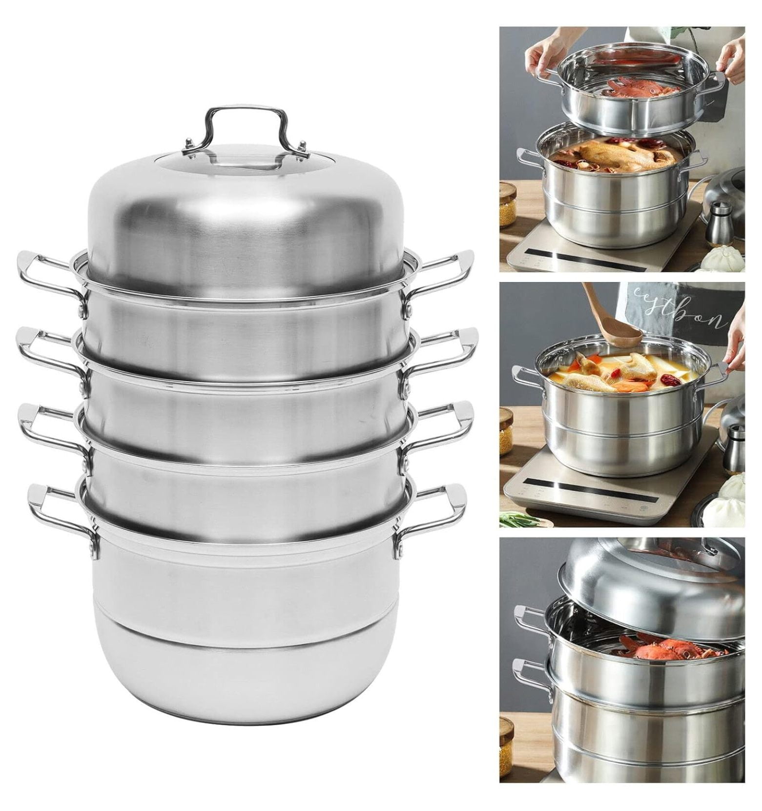 5-Layer Stainless Steel Steamer Pot, 13-inch Multipurpose Steamer Pot ...