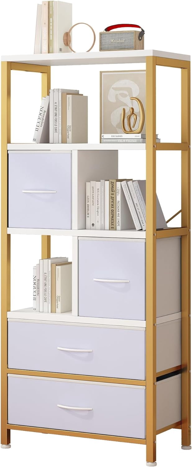 5 Layers Industrial Tall Bookcase with 4 Drawers, Display Open ...