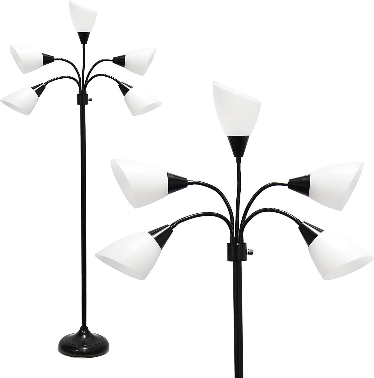 5 Light Adjustable Gooseneck Black Floor Lamp with White Shades for ...