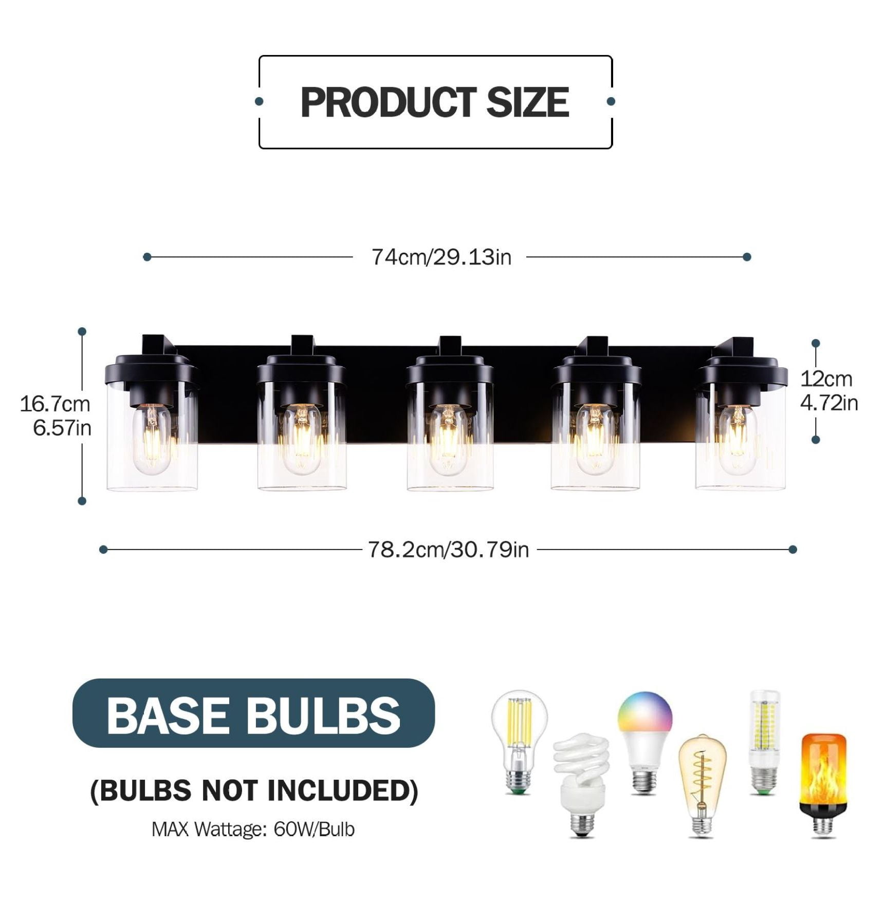 5 Light Bathroom Vanity Light, Matte Black Wall Sconce with Clear Glass ...