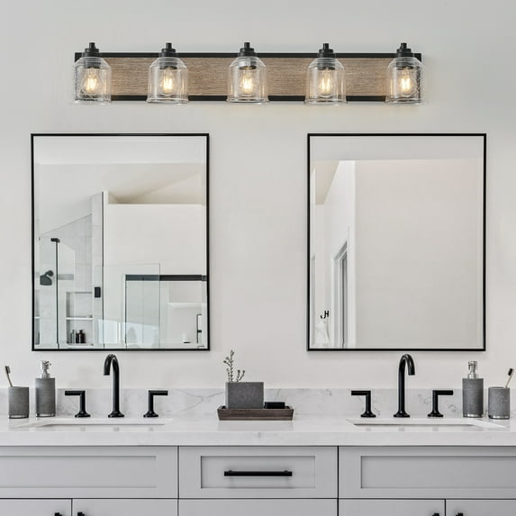 5-Light Bathroom Vanity Light Rustic Black Finish with Wood Backplate ...