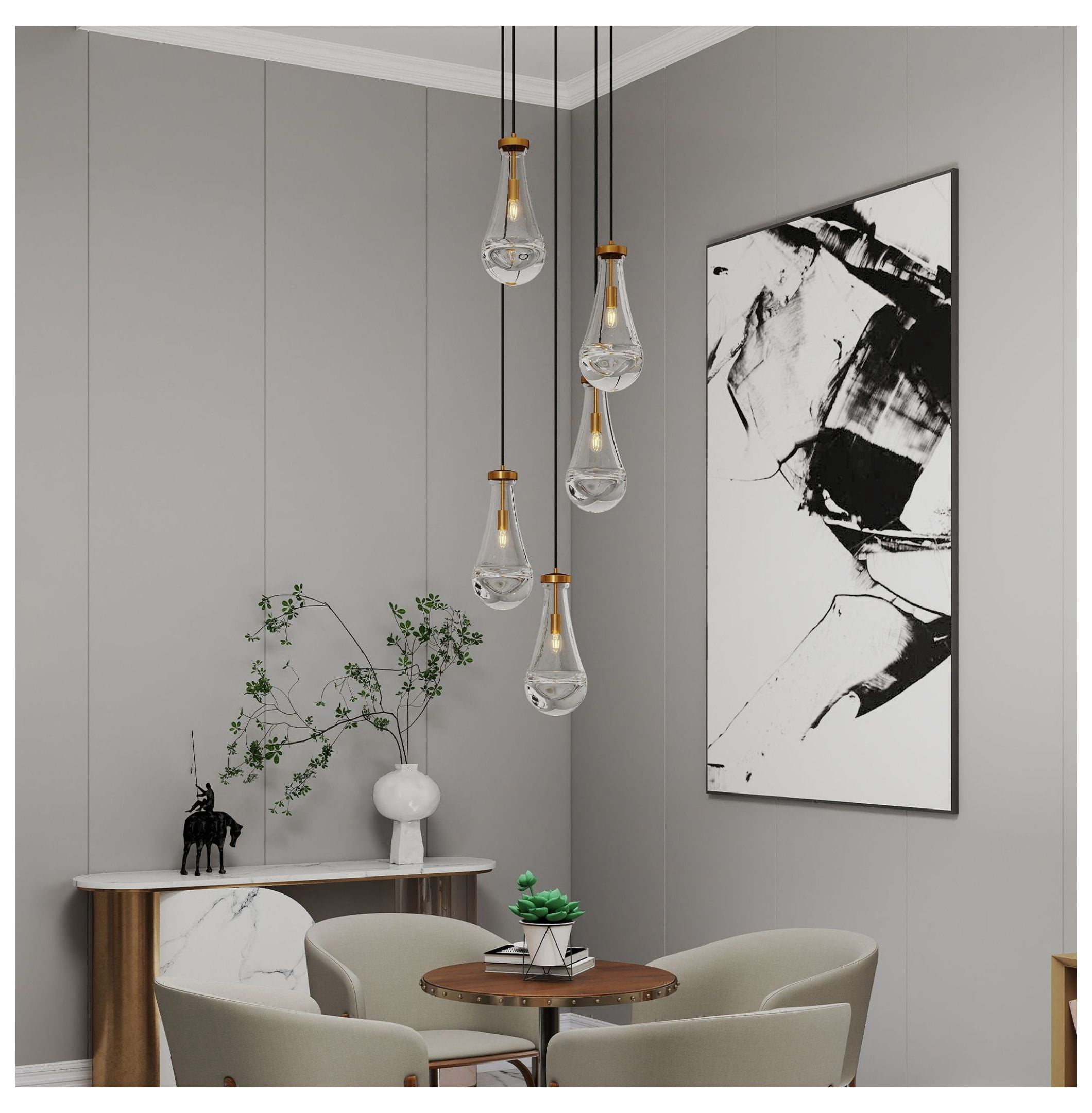 5 Light Brass Pendant Light, Adjustable Raindrop Chandelier for High ...