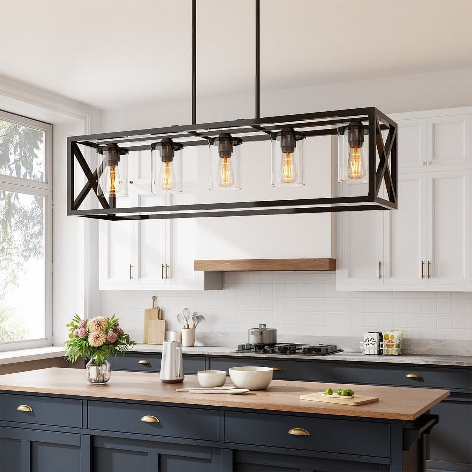 5-Light Dining Room Black Pendant Light with Glass Shade, Kitchen Island Farmhouse Lighting ...