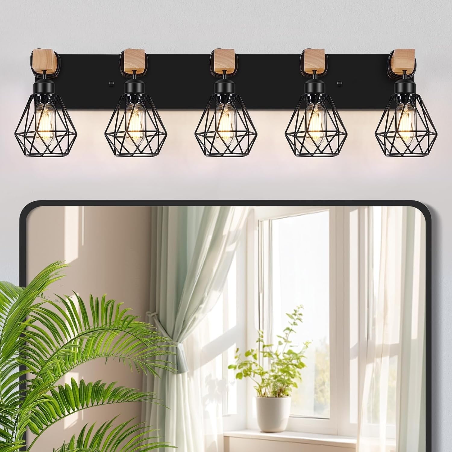 5-Light Farmhouse Wood Bathroom Vanity Lights over Mirror with Metal ...