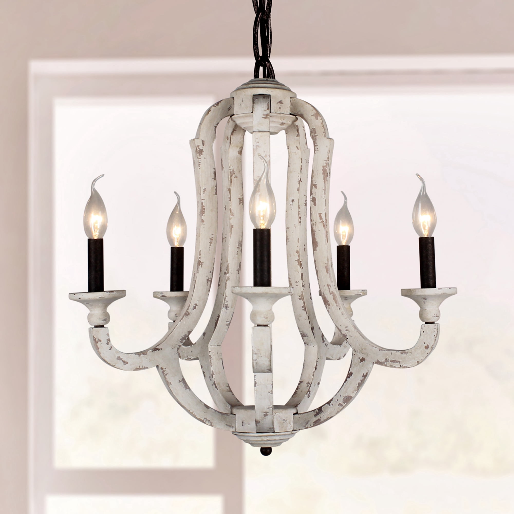 5-Light Farmhouse Wood & Metal Chandelier, French Country Fixture for ...