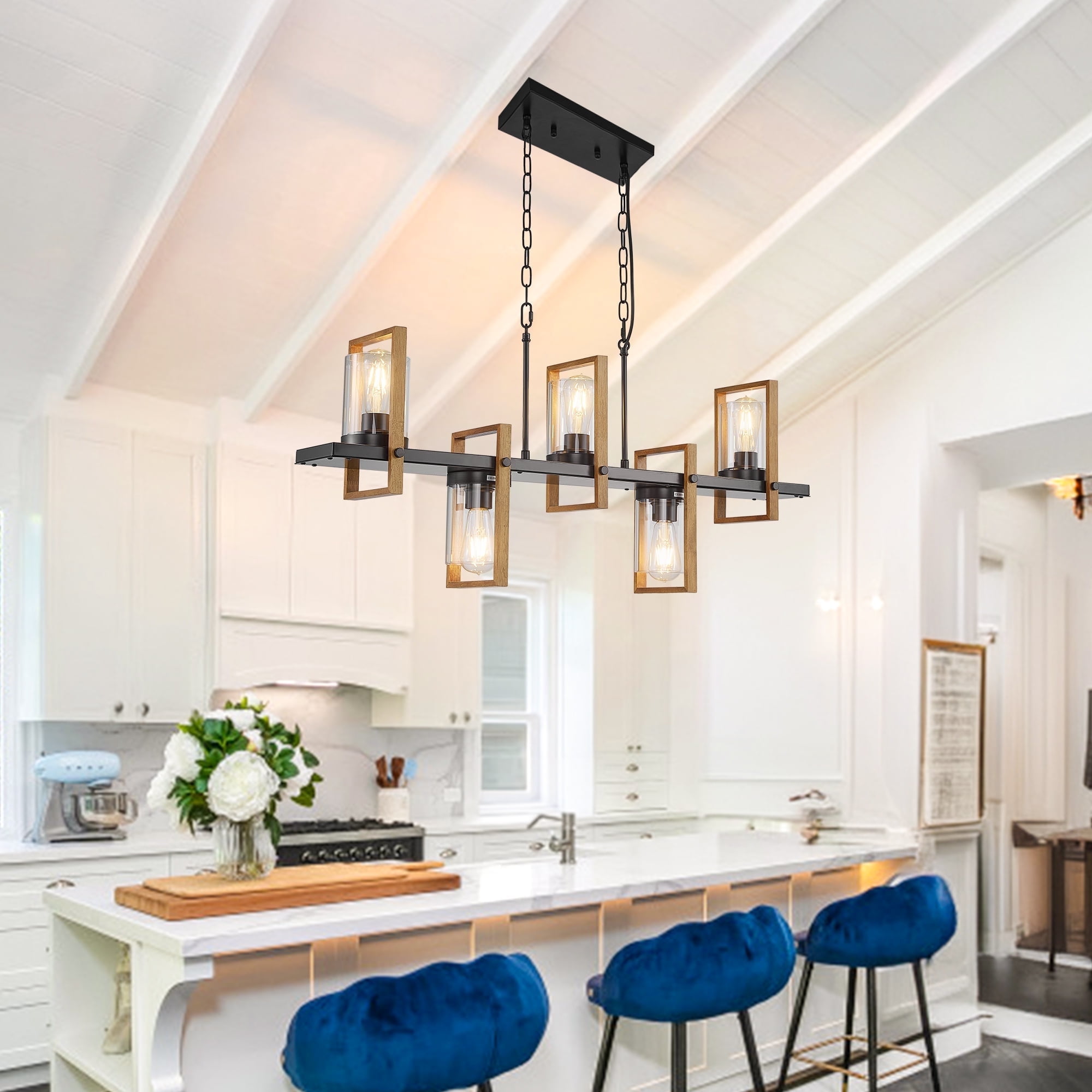 LovingAHome 5-Light Kitchen Island Rustic Adjustable Height Wood ...
