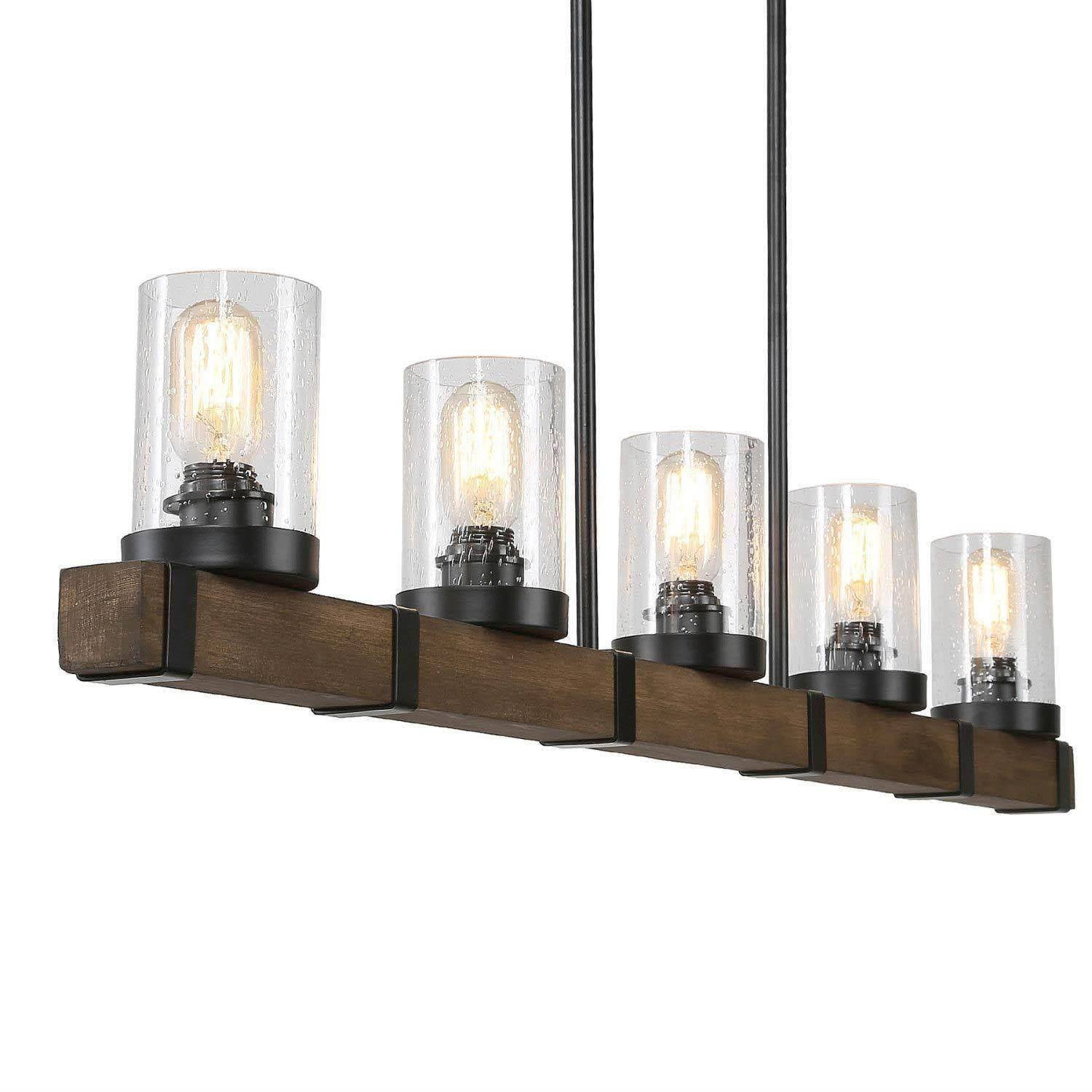 LNC 5-Light Black and Wood Farmhouse Linear LED Pendant with Seeded ...