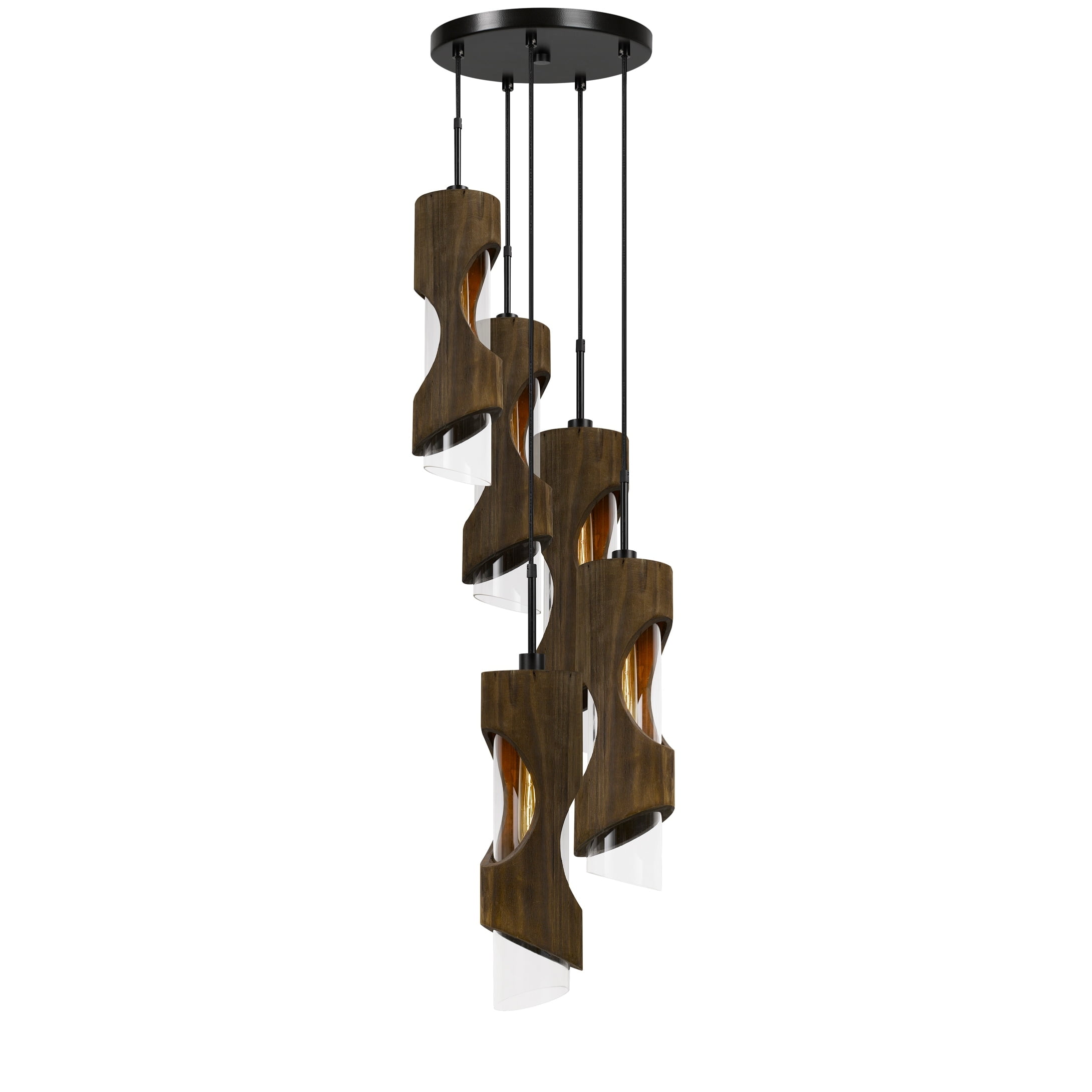 5 Light Metal Frame Pendant Fixture with Wooden and Glass Shades, Brown ...
