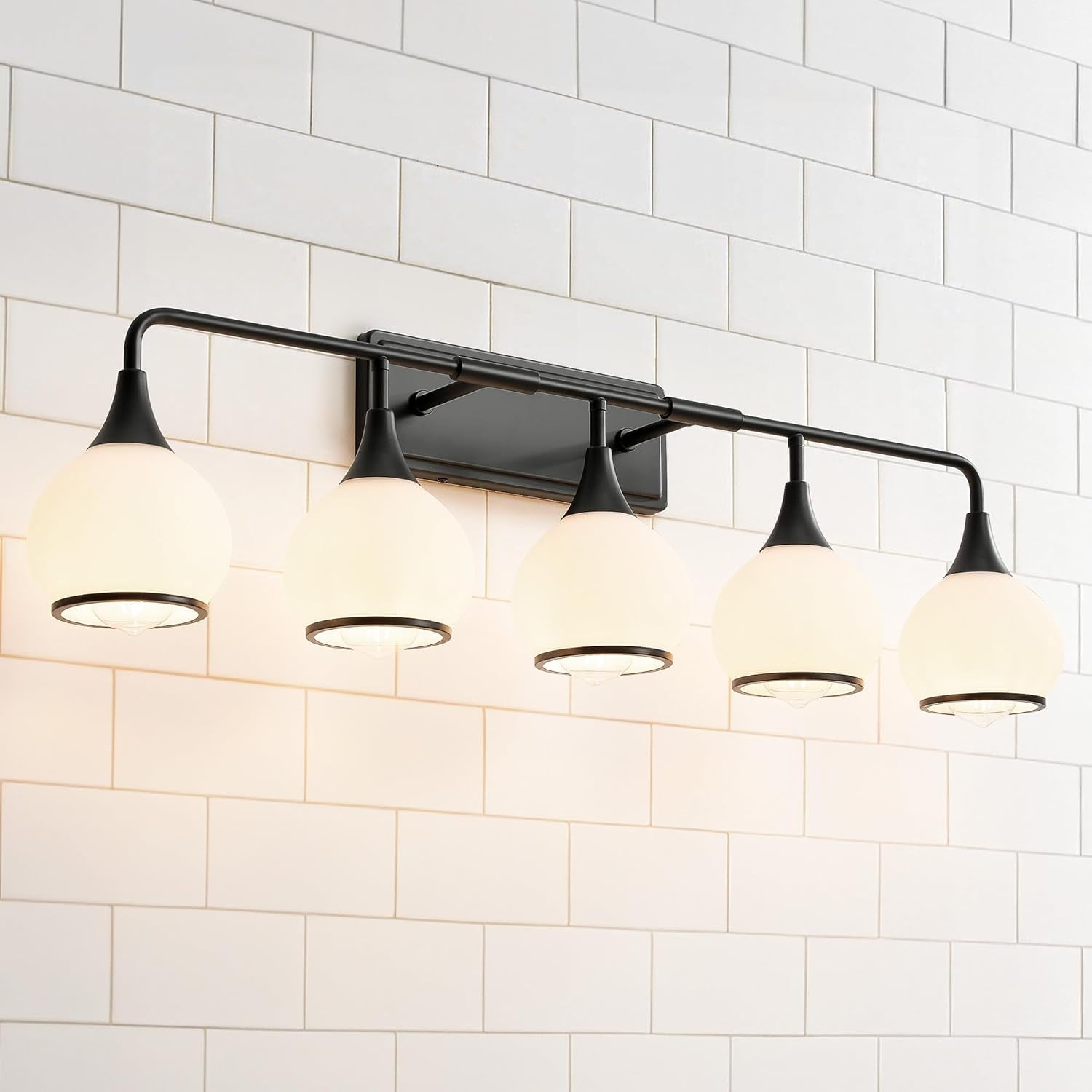 5-Lights Bathroom Light Fixtures Black Bathroom Vanity Light Over Mirror with Clear Glass Shade ...