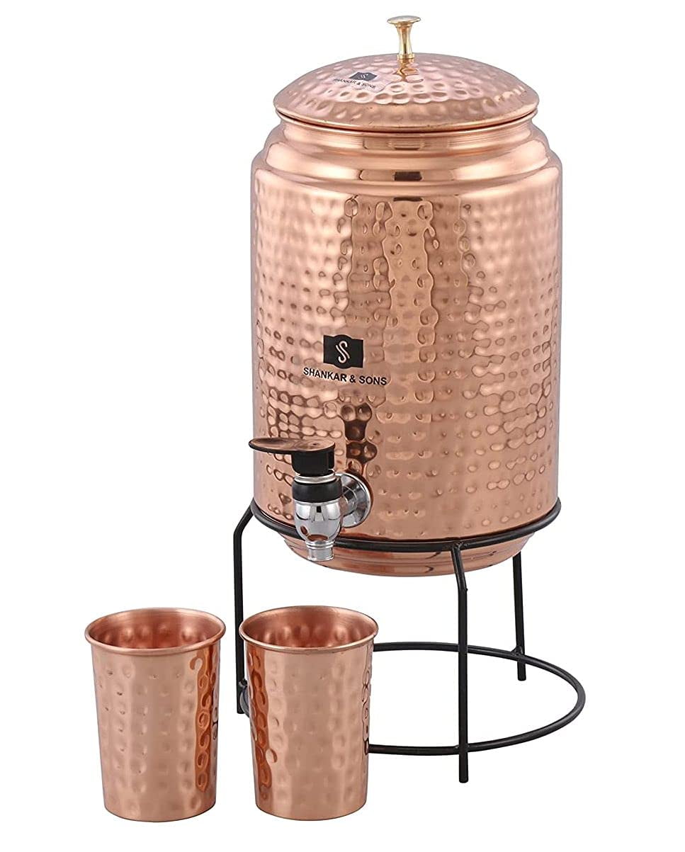 5 Liter Copper Water Dispenser Matka Tank Pot with Lid, 2 Glass and ...