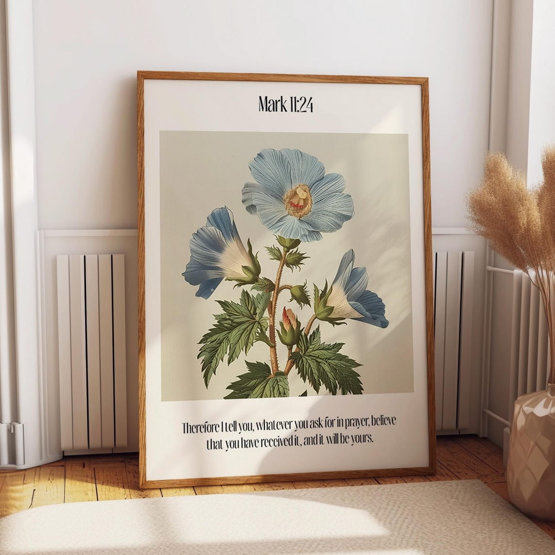 Mark 11:24 Bible Verse Wall Art - Blue Botanical Christian Prayer Quote ...