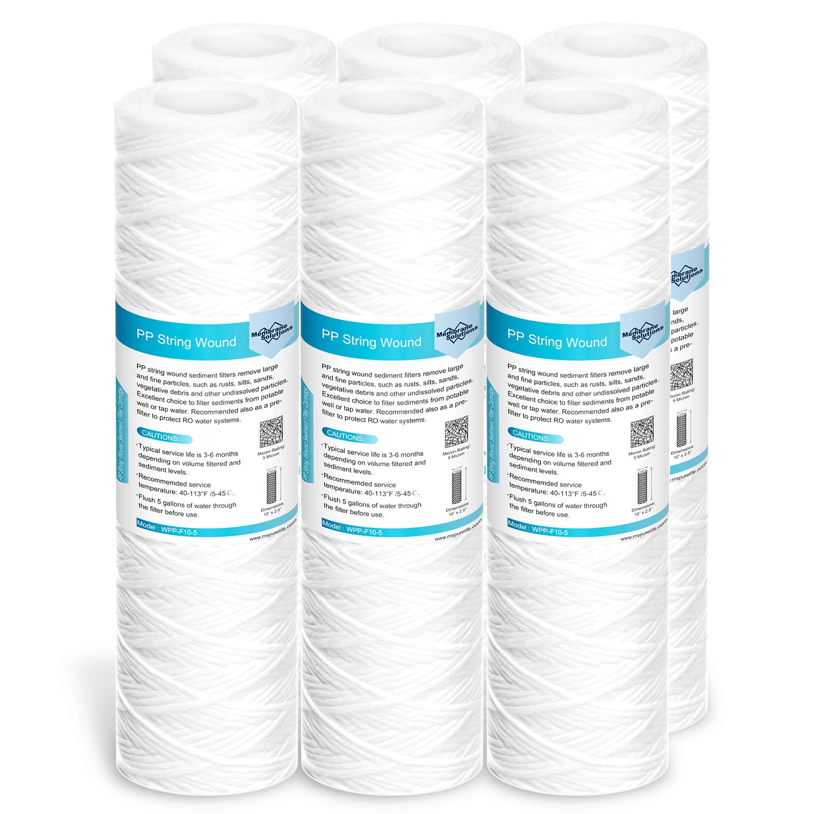 5 Micron String Wound Water Filter 10x2.5 Inches, Whole House Sediment Cartridge for Well Water ...