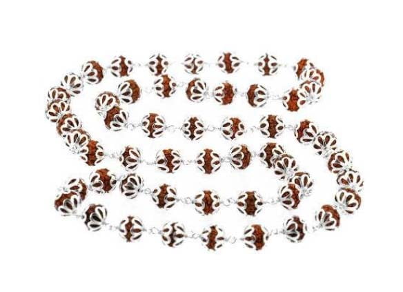 5 Mukhi Five Face Rudraksha Silver Cap Mala, Natural 54 Beads 5 Face ...
