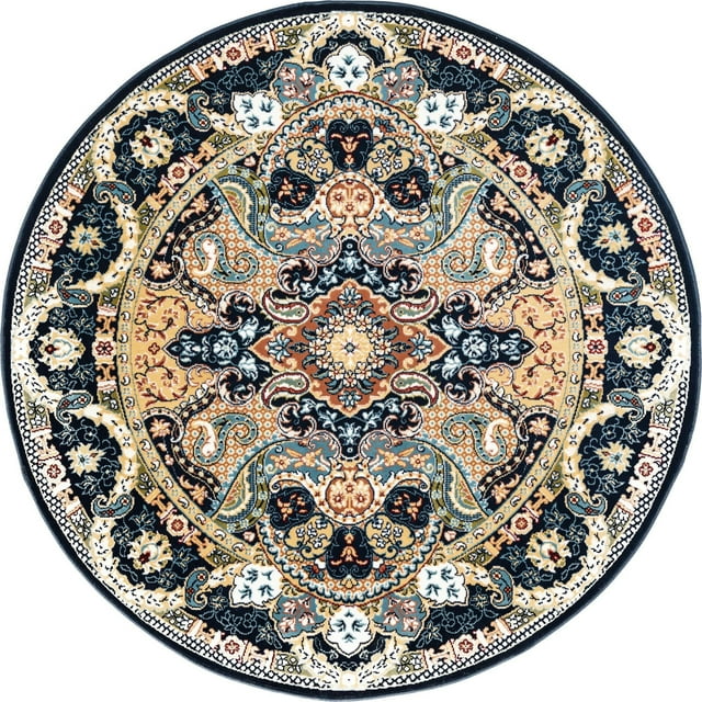 5' Navy Blue and Tan Brown Floral Traditional Round Area Throw Rug ...