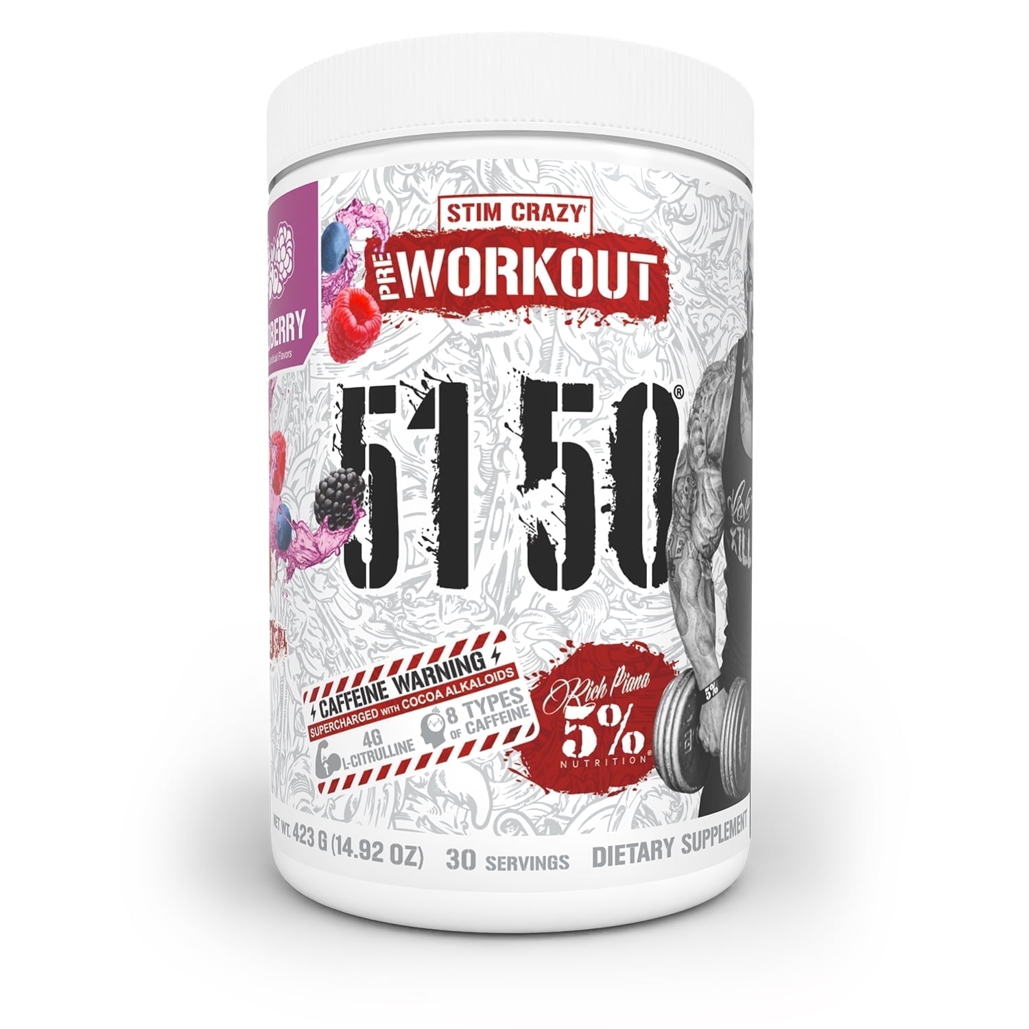 5% Nutrition 51-50 High Stimulant Pre Workout Powder, Wild Berry (30 ...