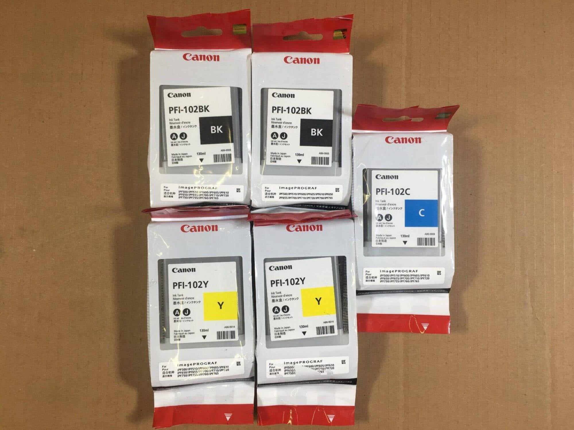 5 OEM Canon imagePROGRAF iPF650,iPF655 PFI-102 C,Y,Y,BK,BK Inks Expired: 2013-2017 - Walmart.com