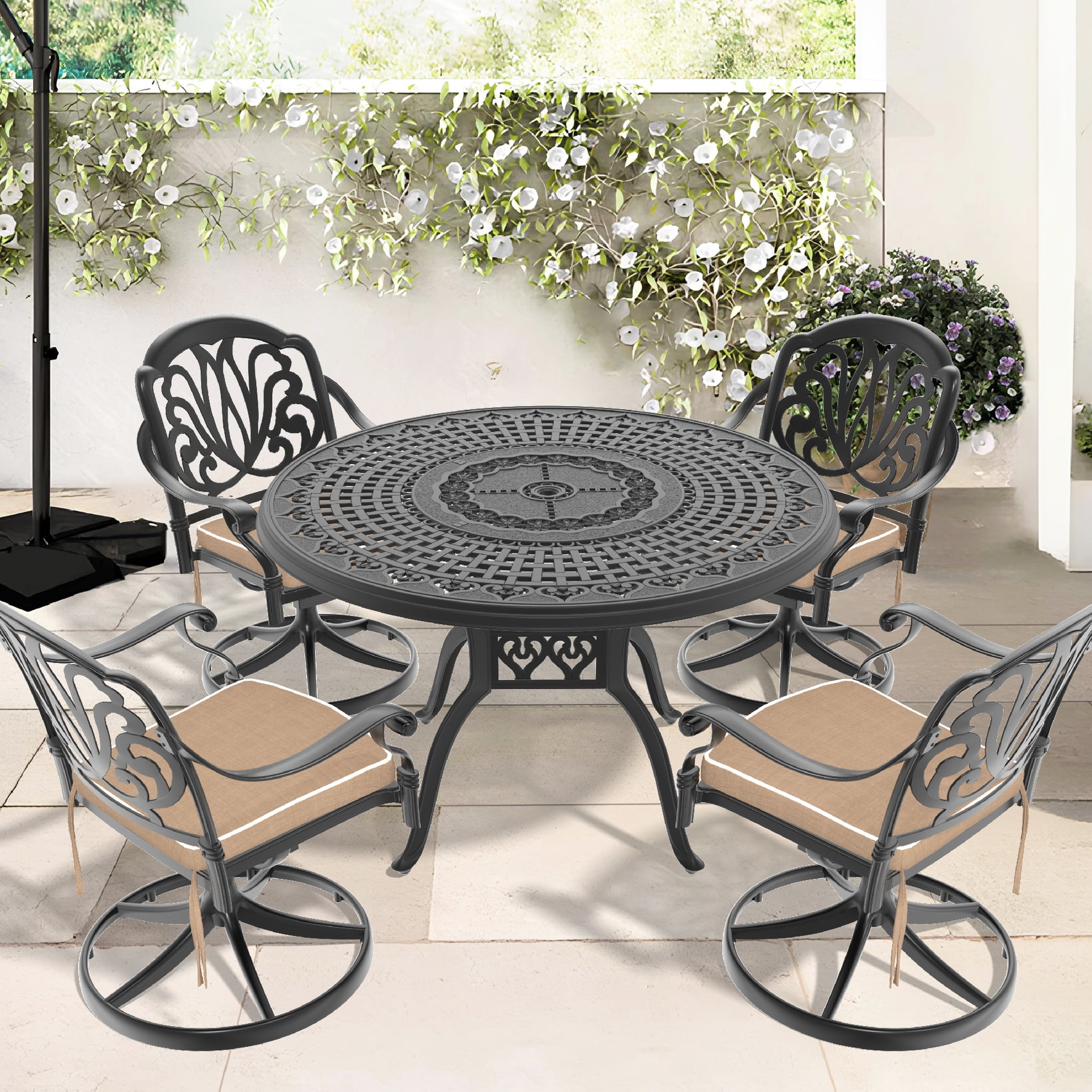 5 Outdoor Cast Aluminum Dining - 4 Swivel Chairs & 47.24" Round Table ...